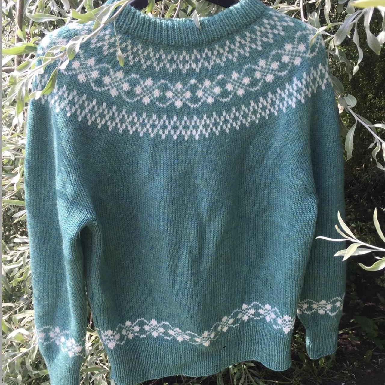 Unique hand knitted aqua blue turquoise wool jumper.... - Depop