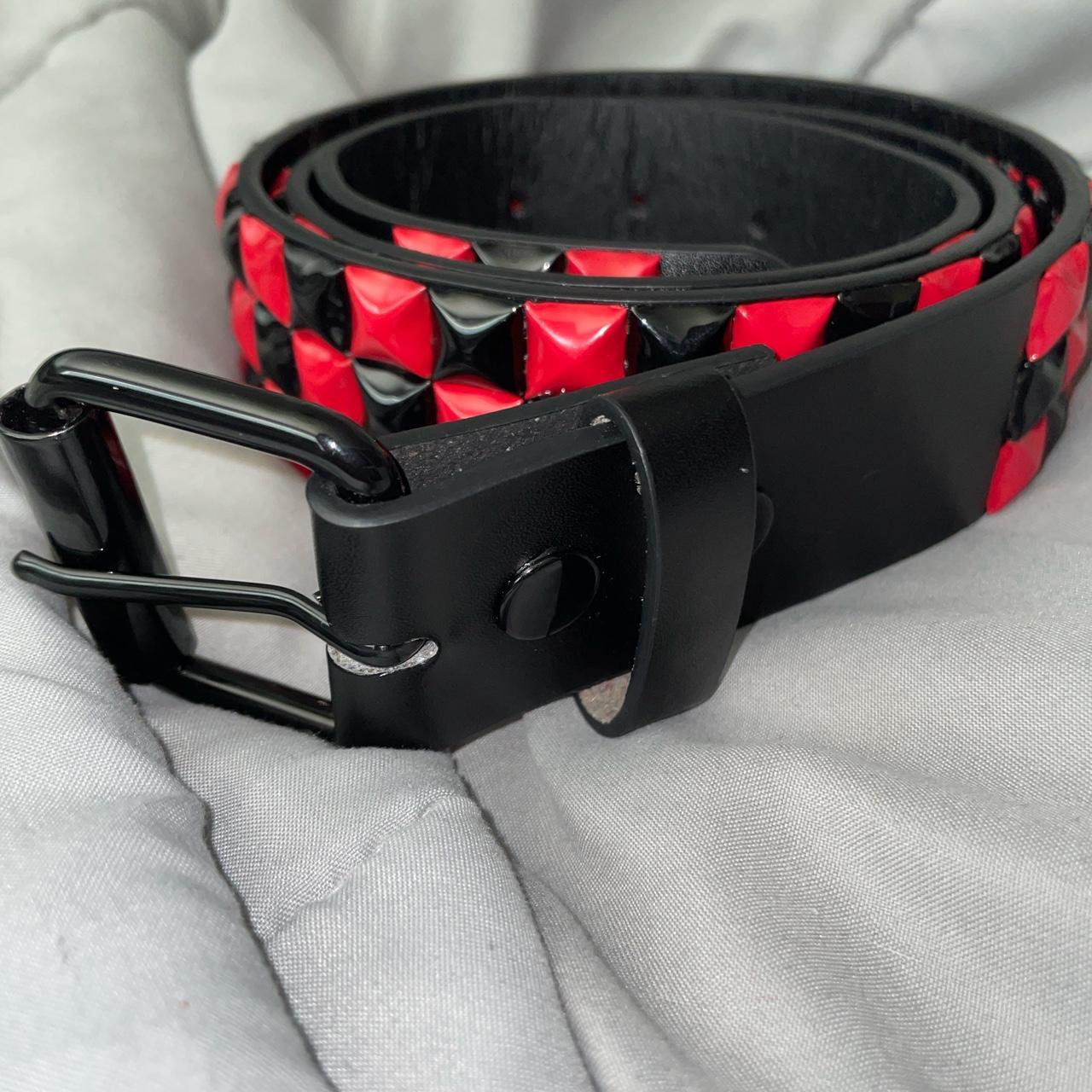 Black and Red studded belt size (L) Worn Once, Good... - Depop