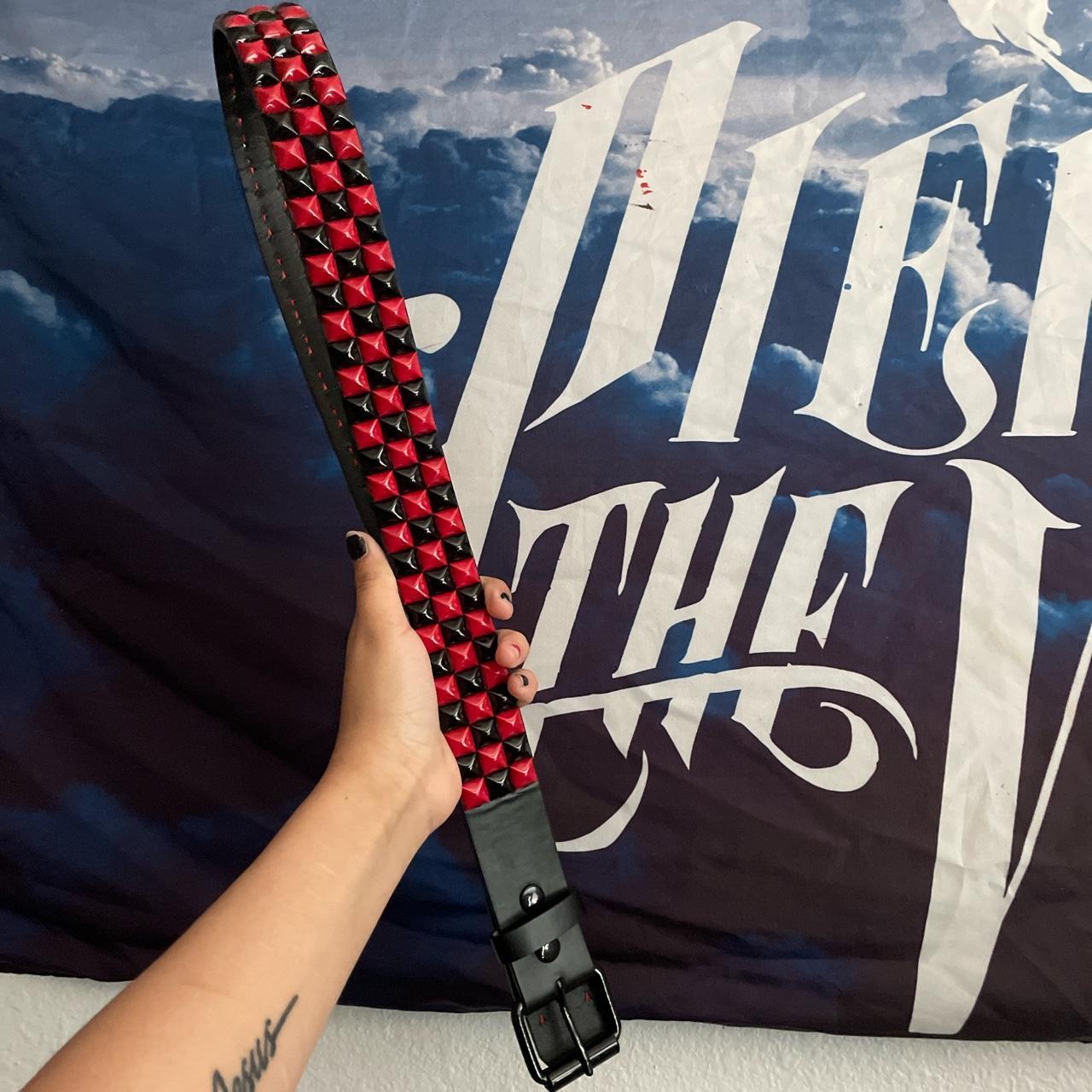 Black and Red studded belt size (L) Worn Once, Good... - Depop