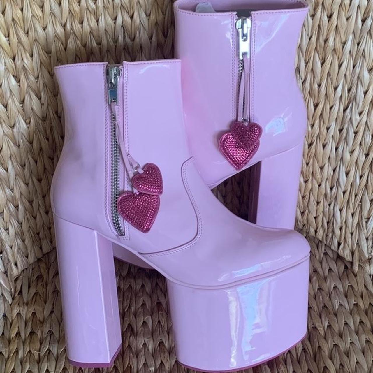 New Sugar Thrillz Pink Patent Heart Stomper Platform... | Depop
