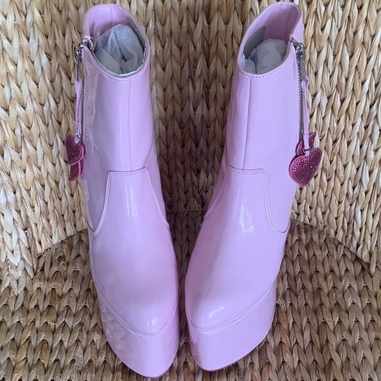 New Sugar Thrillz Pink Patent Heart Stomper Platform... | Depop