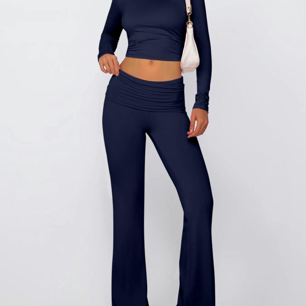 Navy blue flare flip over leggings set #flares XL... | Depop