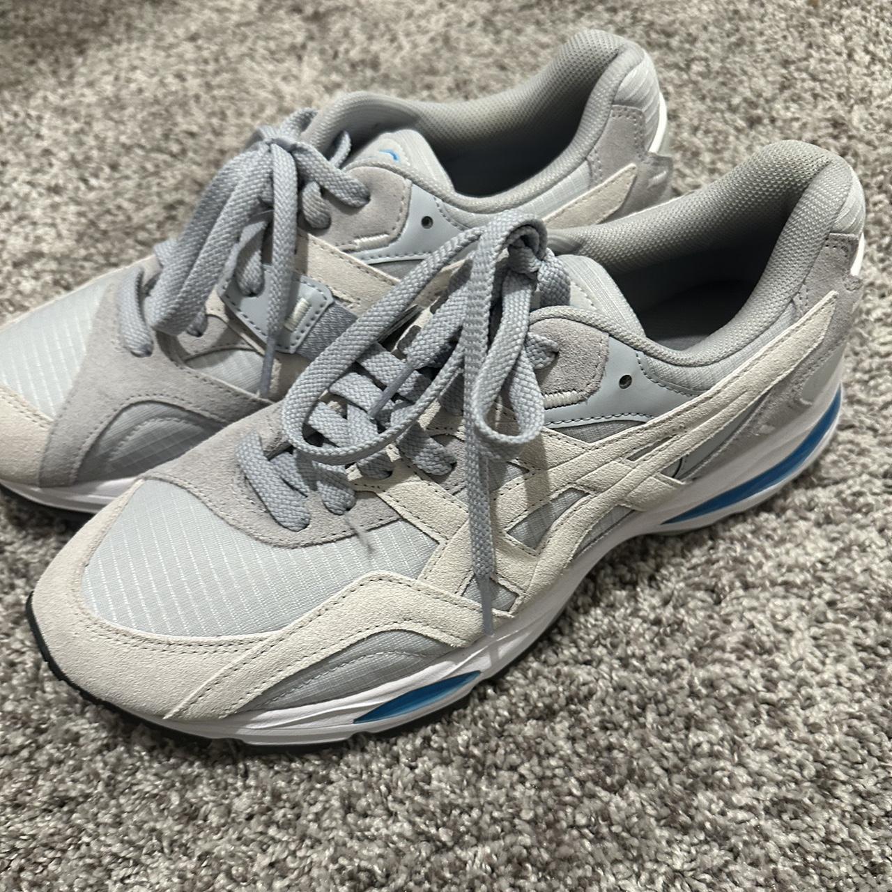 men’s asics running shoes grey and light blue size... - Depop