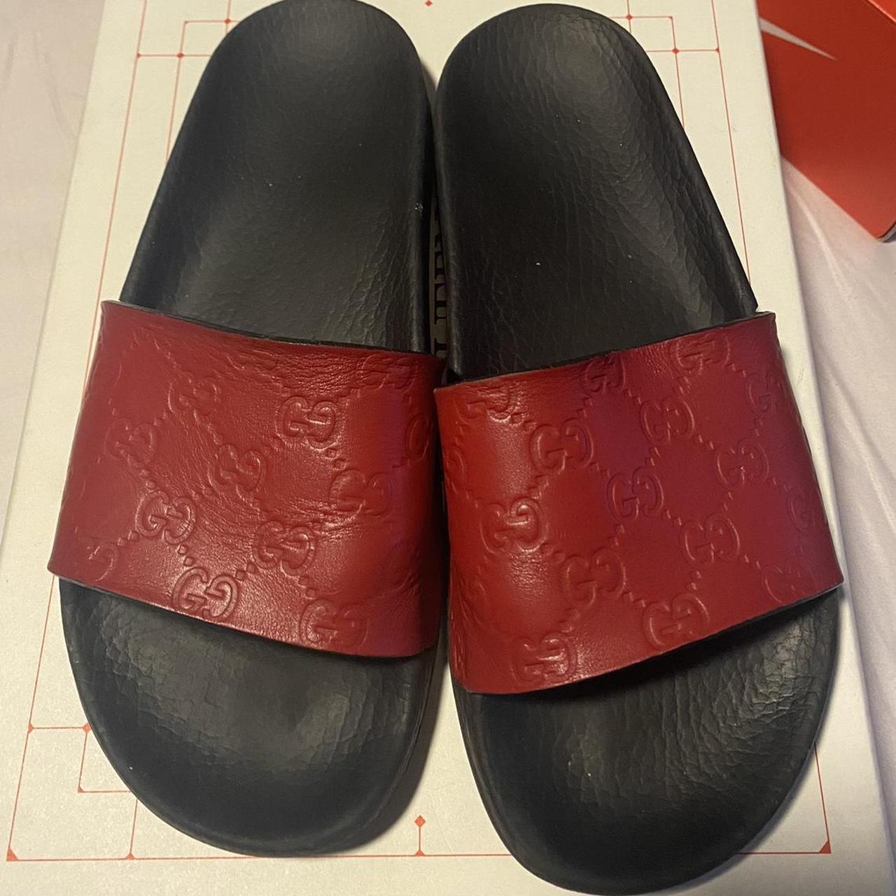 Gucci hibiscus red slides Womens size 9 Signature GG... - Depop