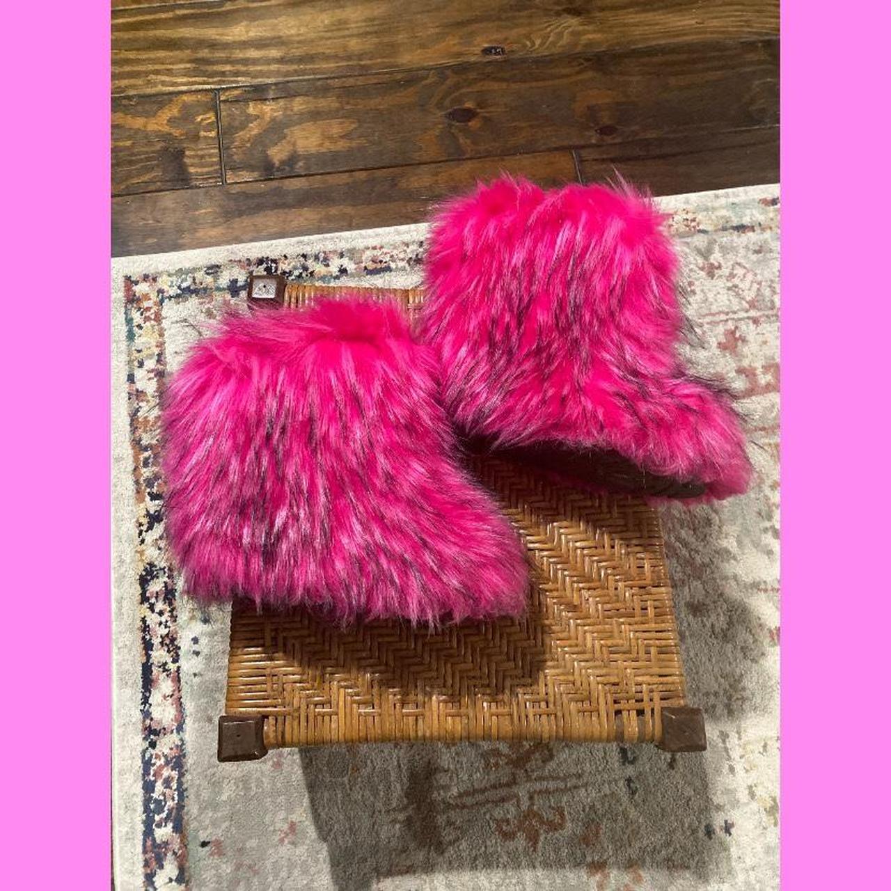 Pink fuzzy boots. Light brushing of black on the... | Depop