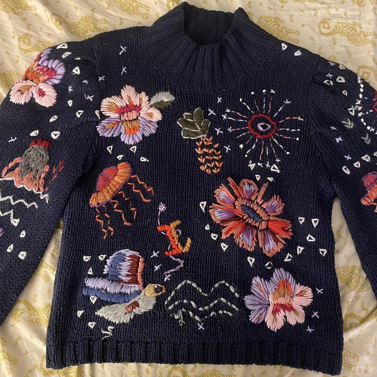 farm rio embroidered floral sweater ribbed at... - Depop
