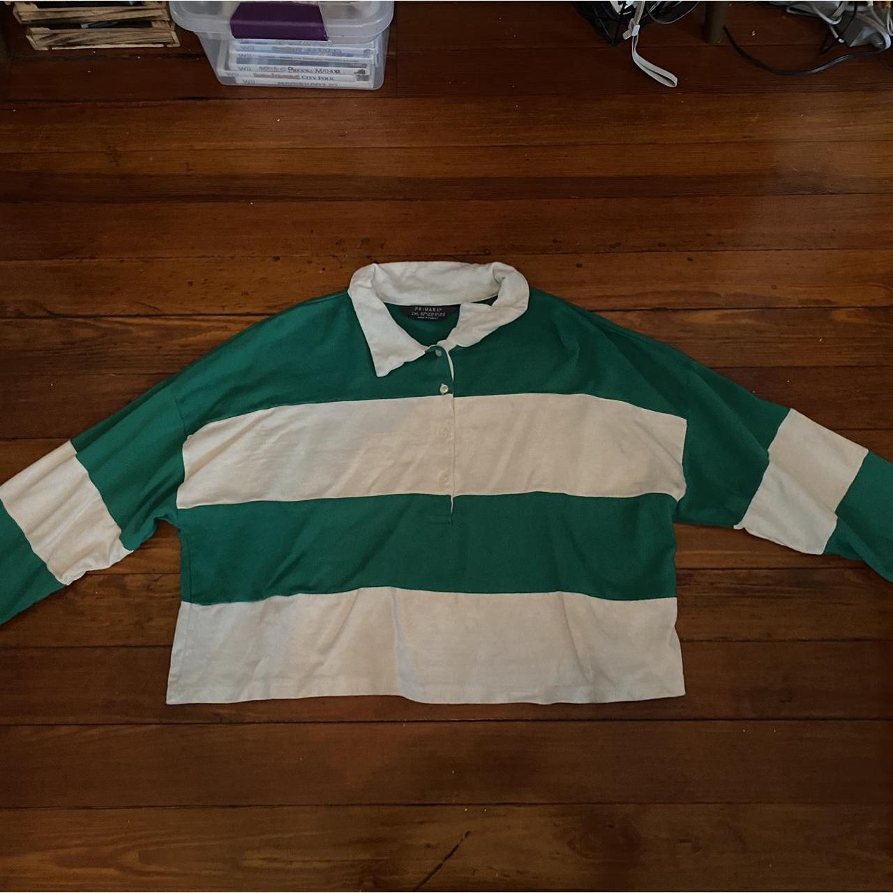 Green and White Striped Rugby Crop Top; Size... | Depop