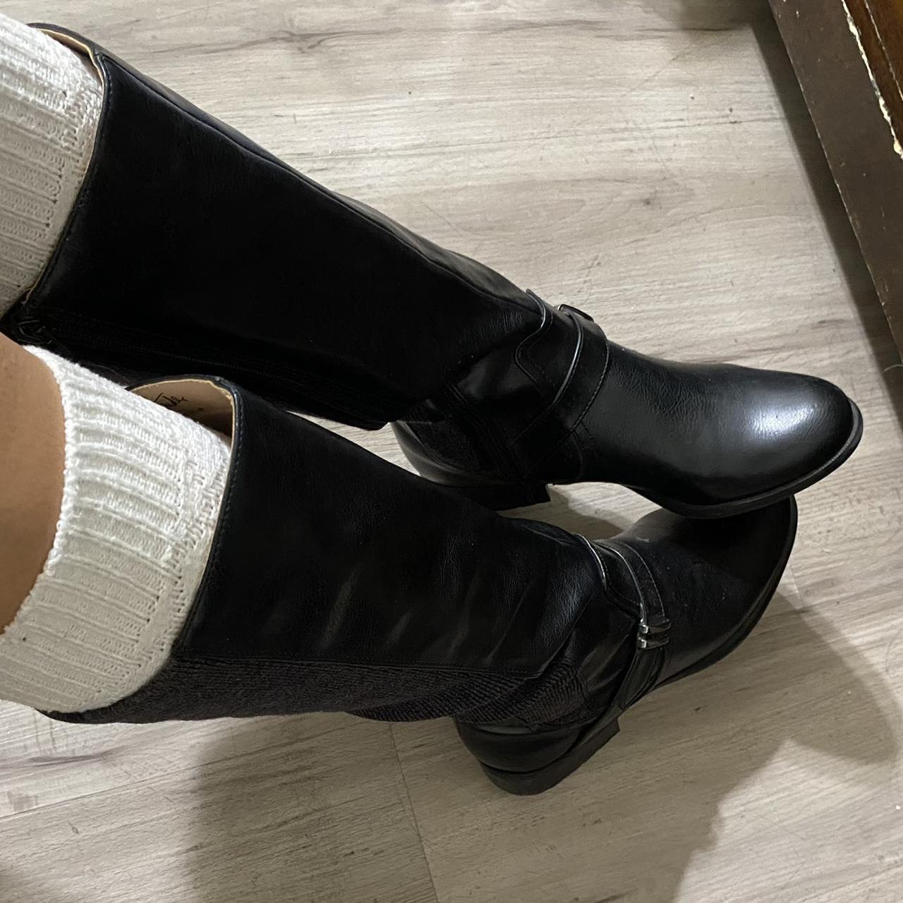 Black knee high faux leather going out boots size... | Depop