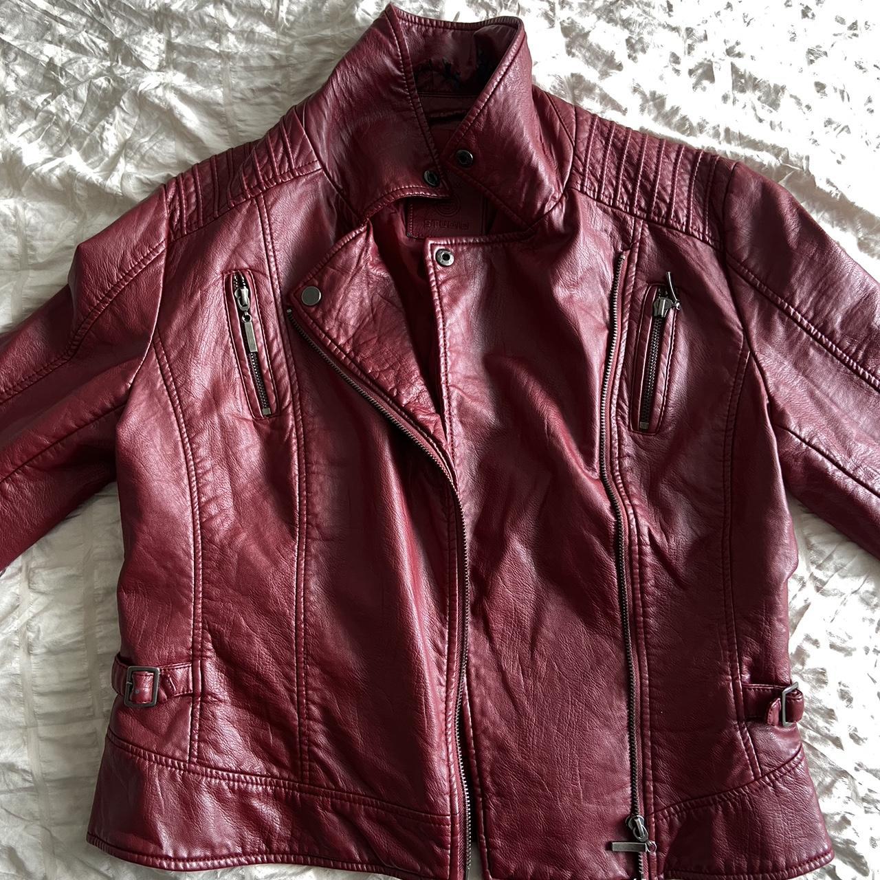 Burgundy red faux leather moto jacket flaws around... - Depop