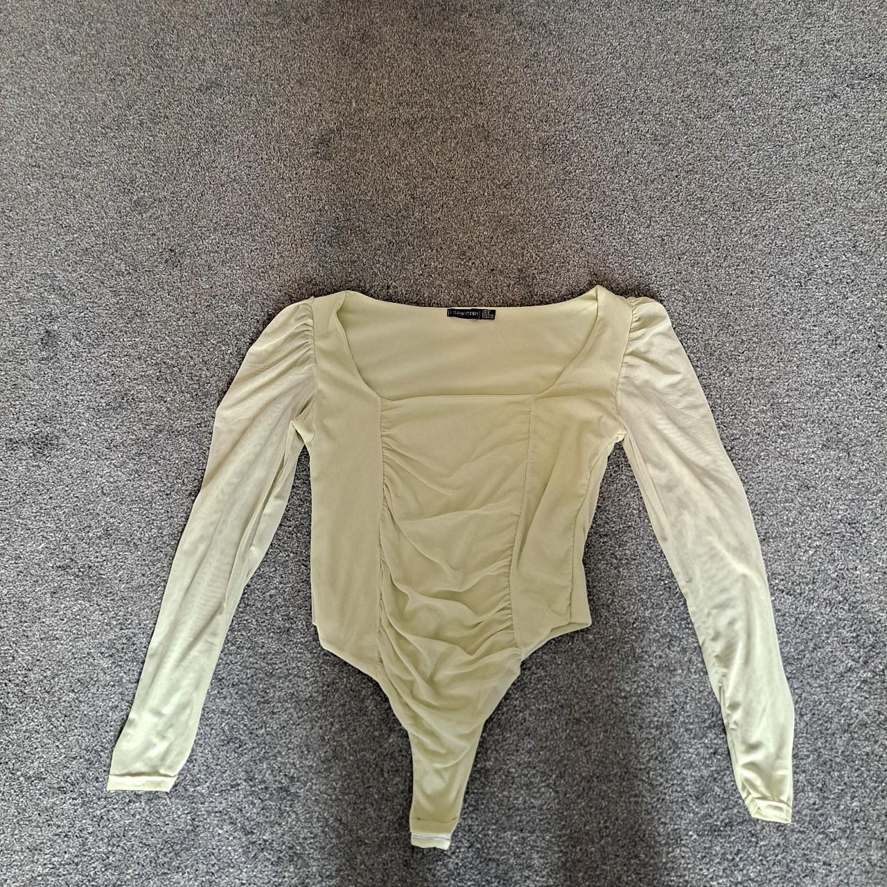 Square neck mesh sleeved light green body suit, worn... - Depop