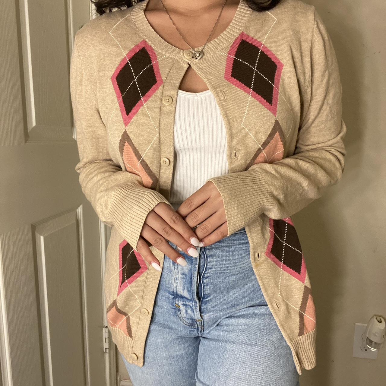 beige Cherokee cardigan with brown and pink accents... - Depop