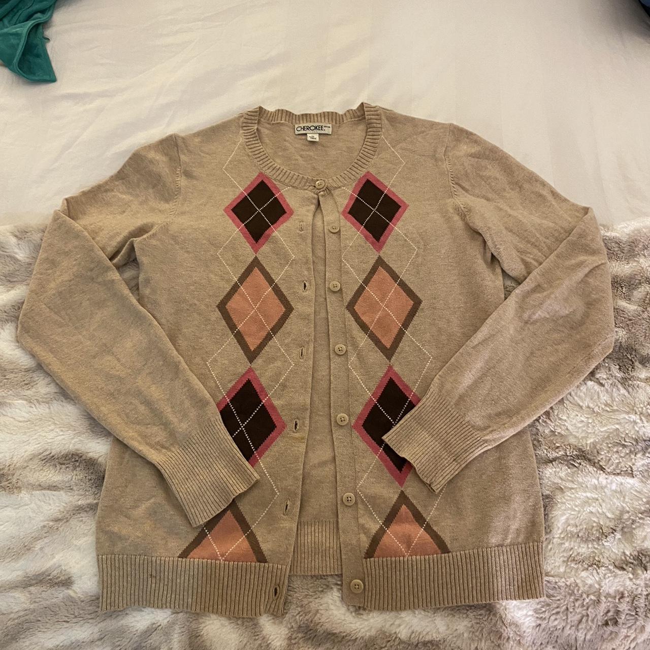 beige Cherokee cardigan with brown and pink accents... - Depop