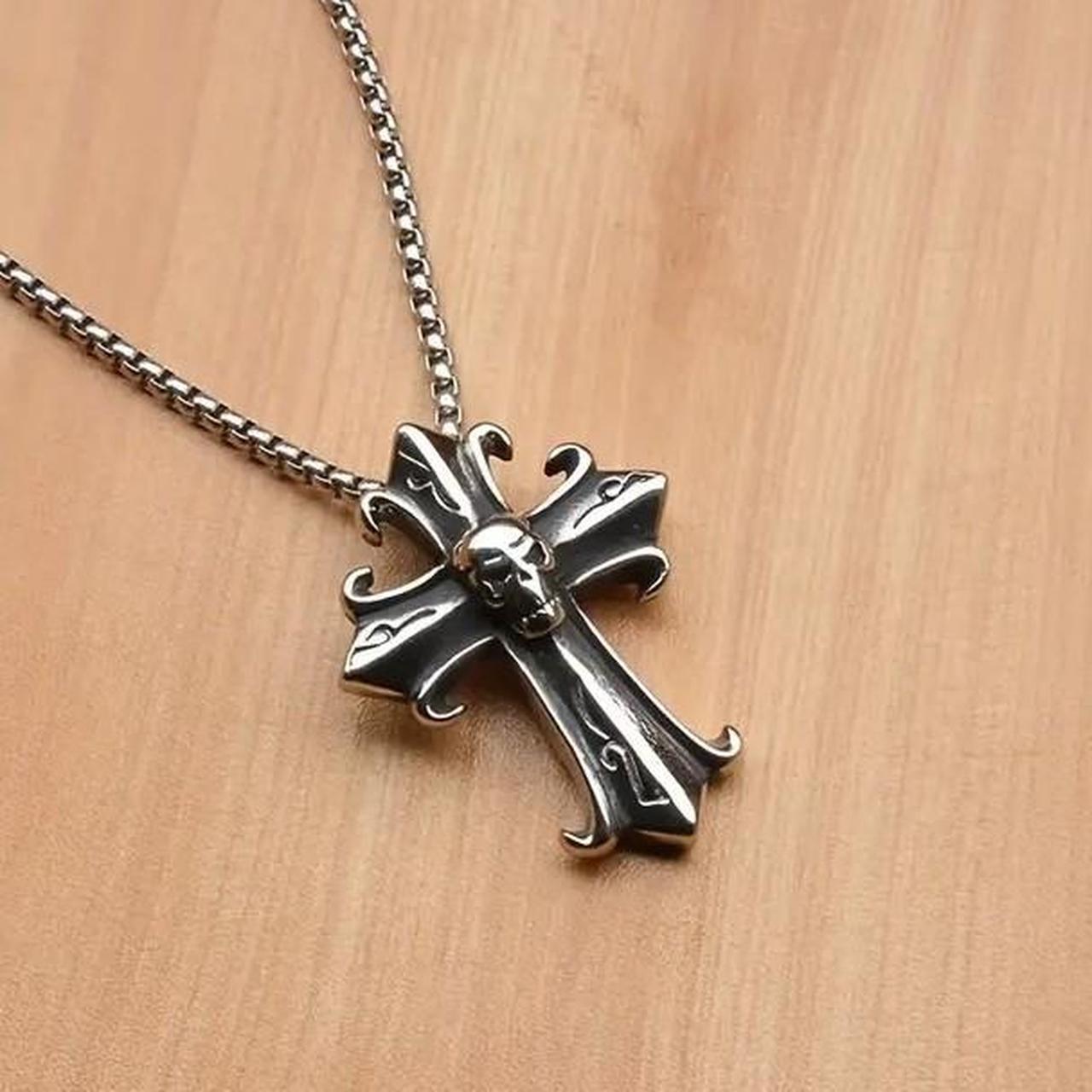 Gothic cross Y2K inspired ghost head skull necklace... - Depop