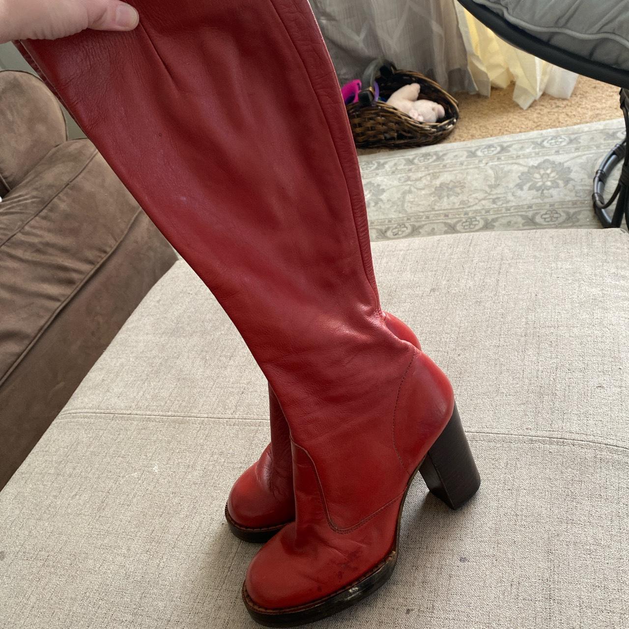 Burnt red platform heeled knee high boots size 7b.... - Depop
