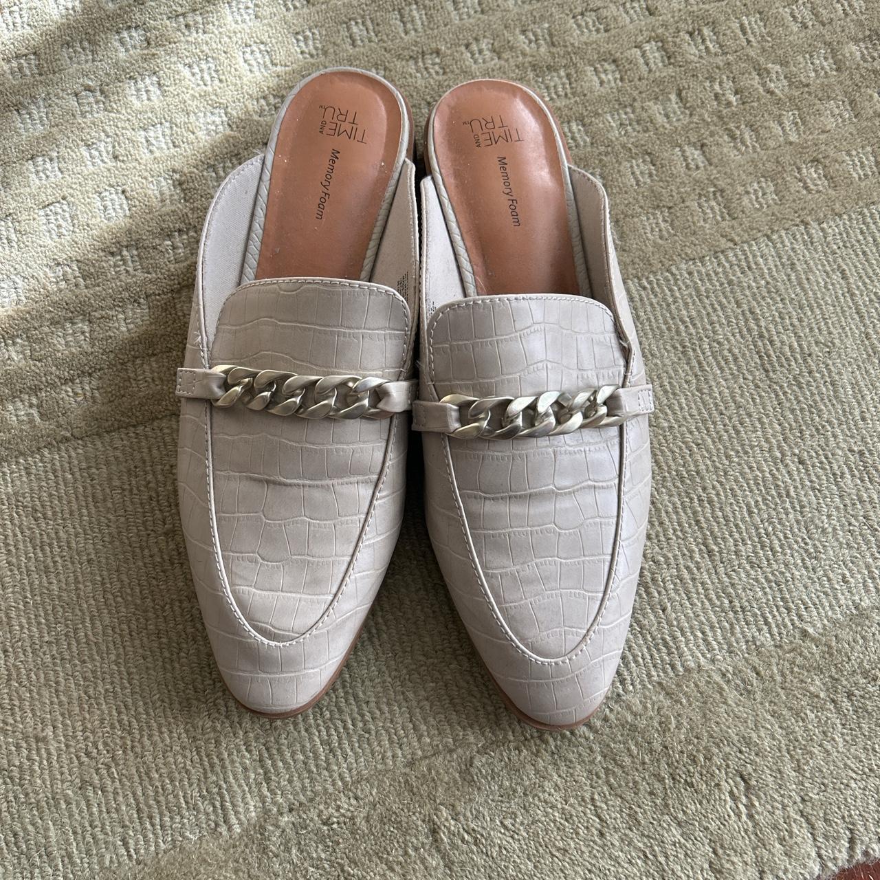 Worn once women’s shoes. Slip on beige loafers size 9 - Depop
