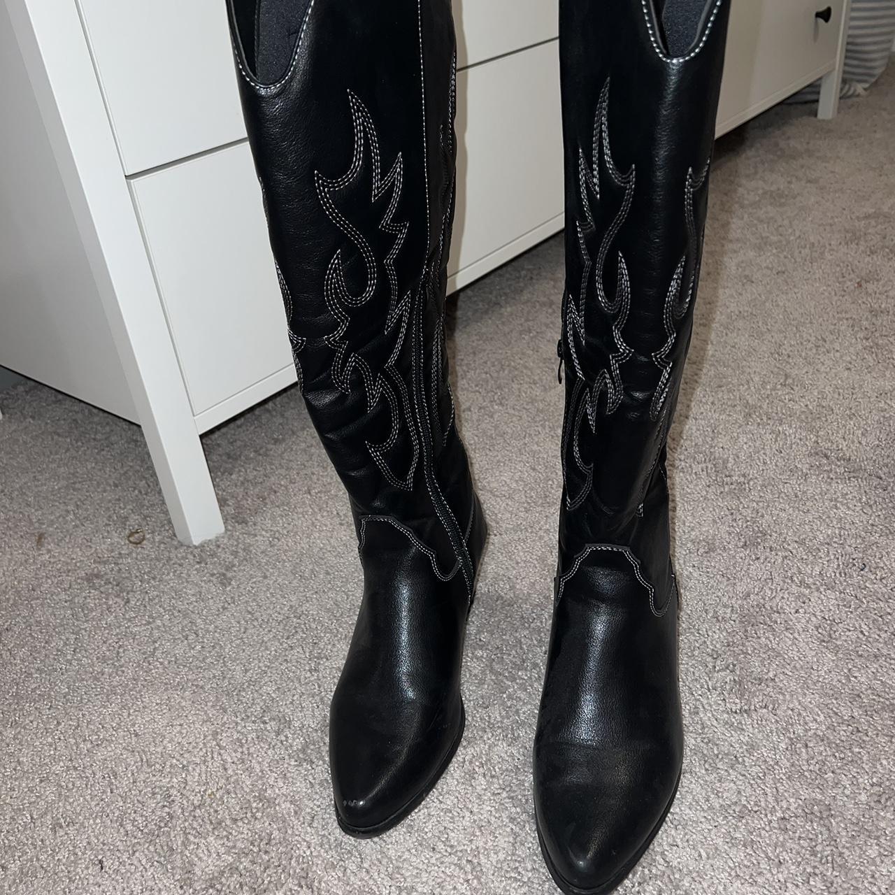 Tall black cowboy boots women size 9 worn once,... - Depop
