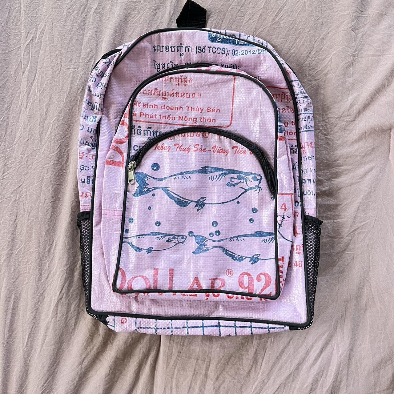 Pink and blue rice bag backpack with fish designs!... | Depop