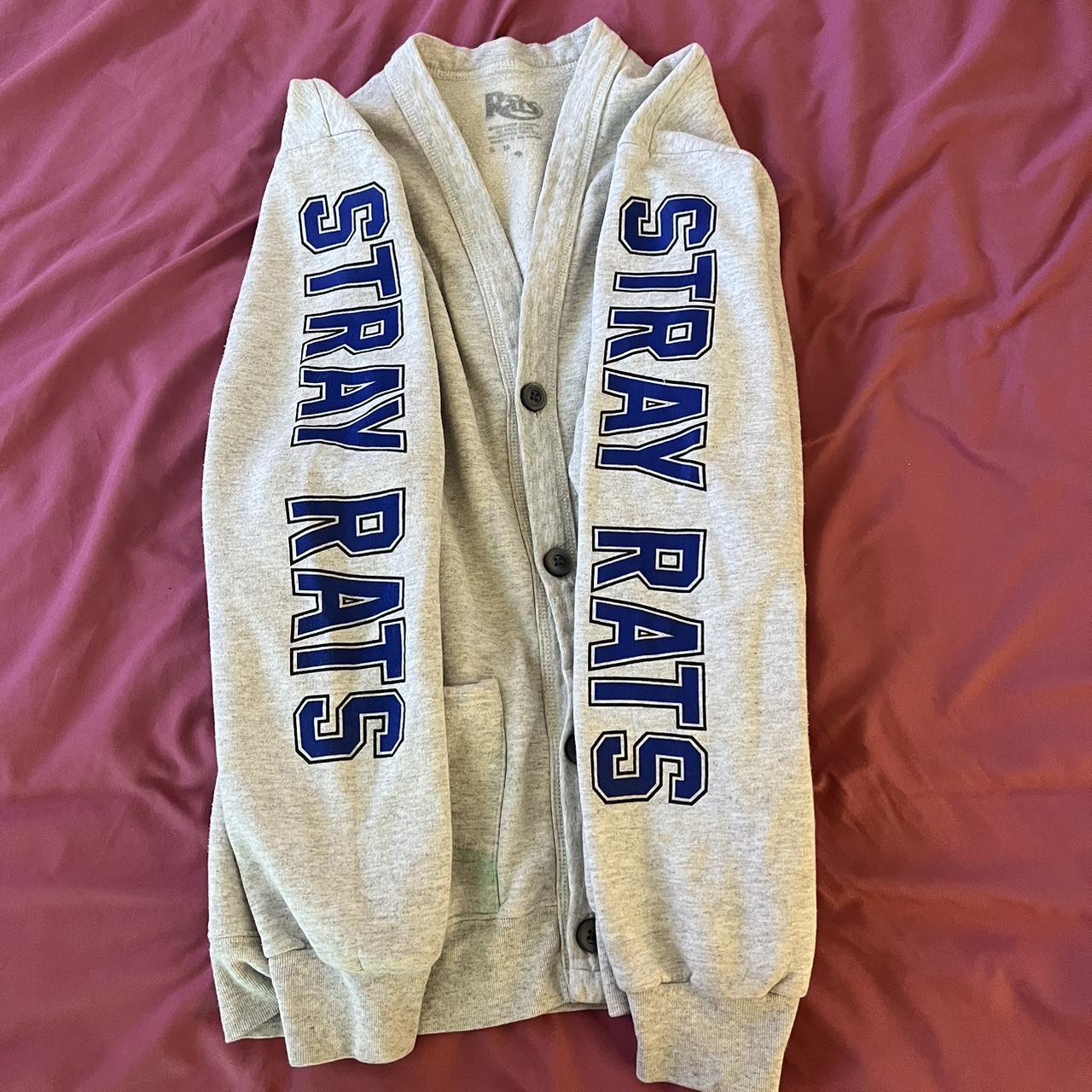 Stray rats grey cardigan with blue logo on... - Depop