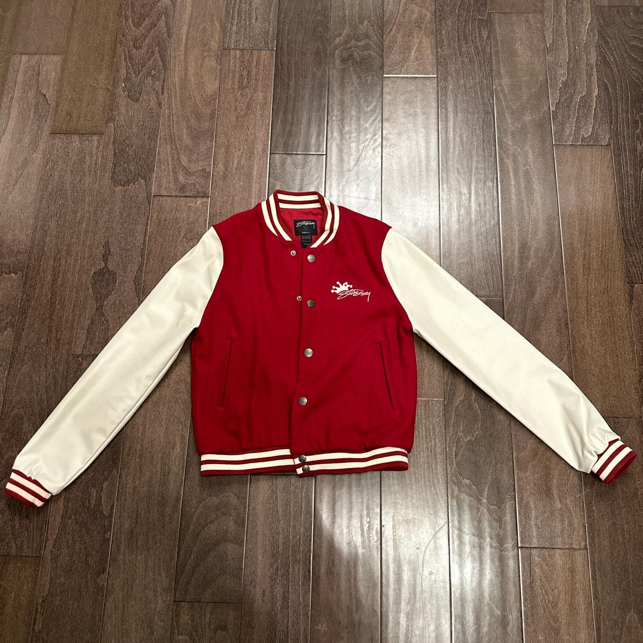 Stussy Red/ white varsity jacket - Depop