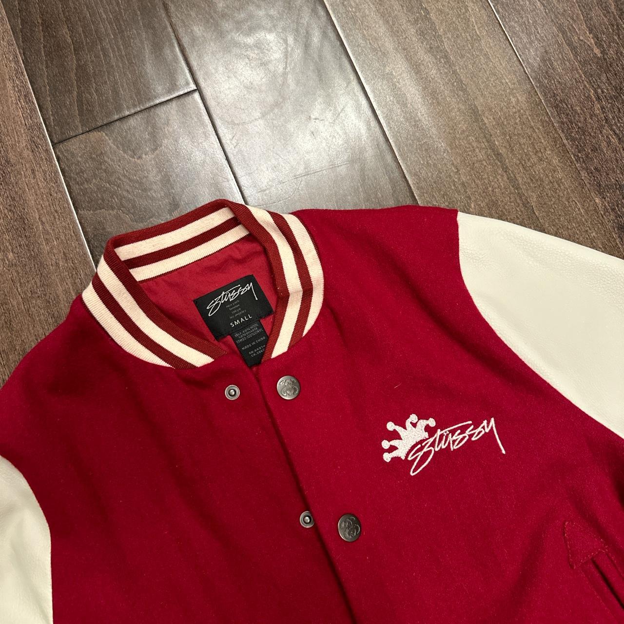 Stussy Red/ white varsity jacket - Depop