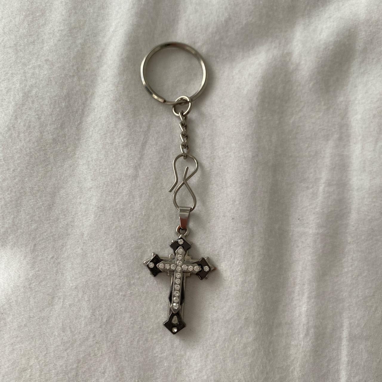 black and silver cross keychain / purse chain $5... - Depop