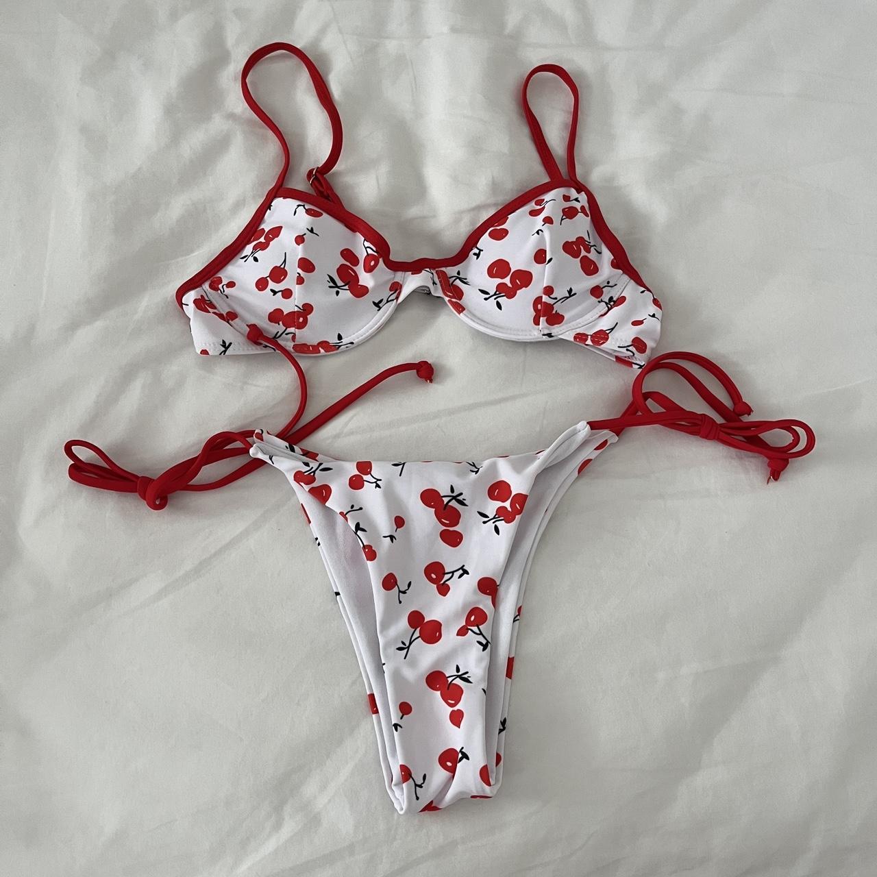 white and red cherry string bikini size small never... - Depop