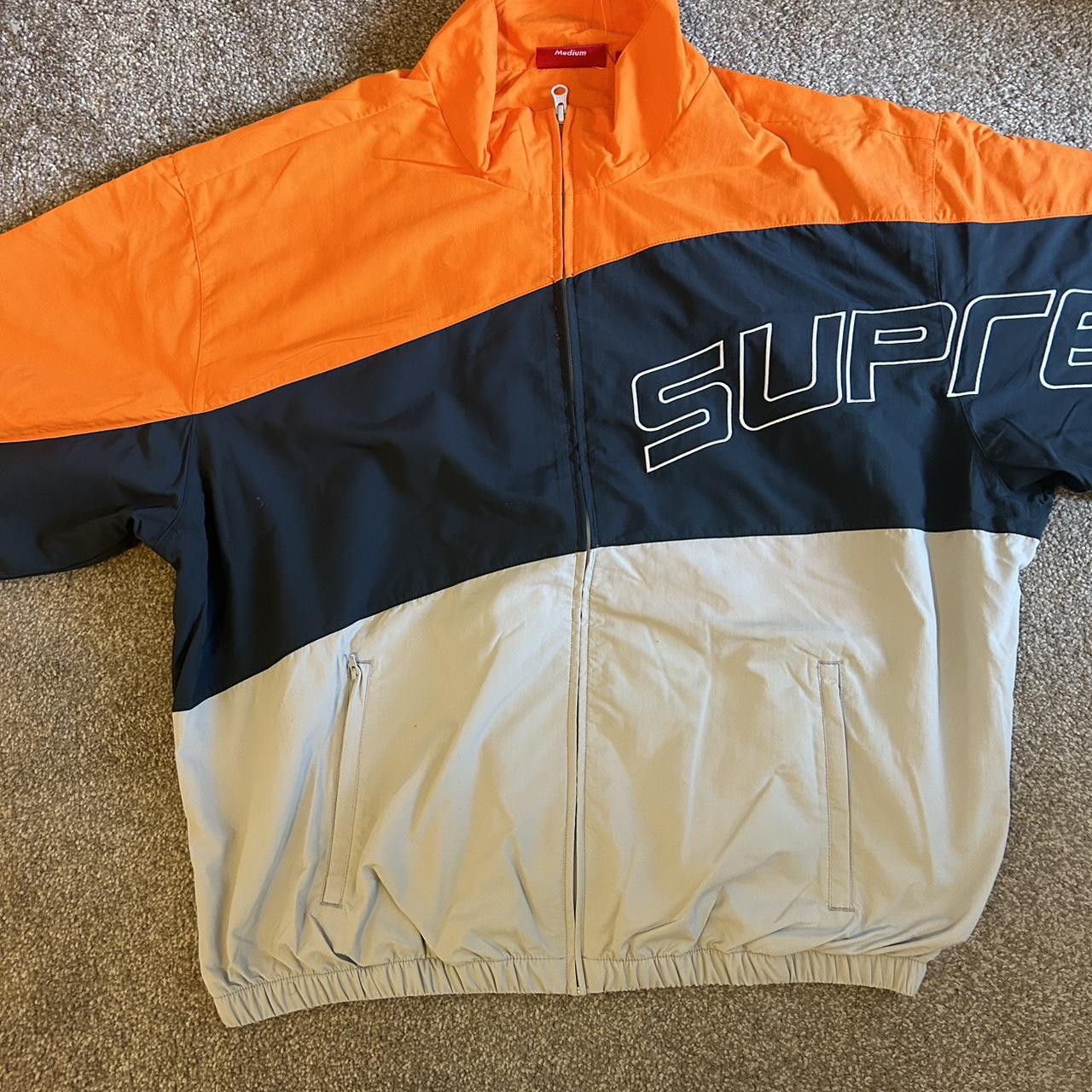 Supreme Curved Track Jacket SS24 Orange Navy Cream ... - Depop