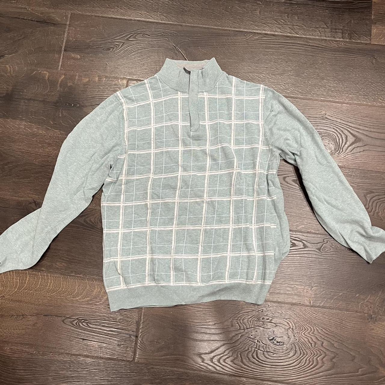 Baby blue and white checkered quarter zip sweater... | Depop