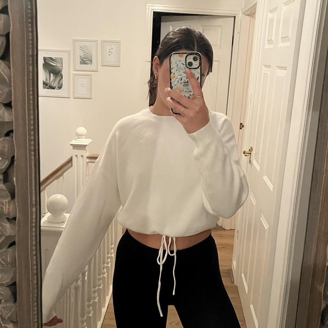 Cream thick knit tie drawstring jumper from Bershka,... - Depop