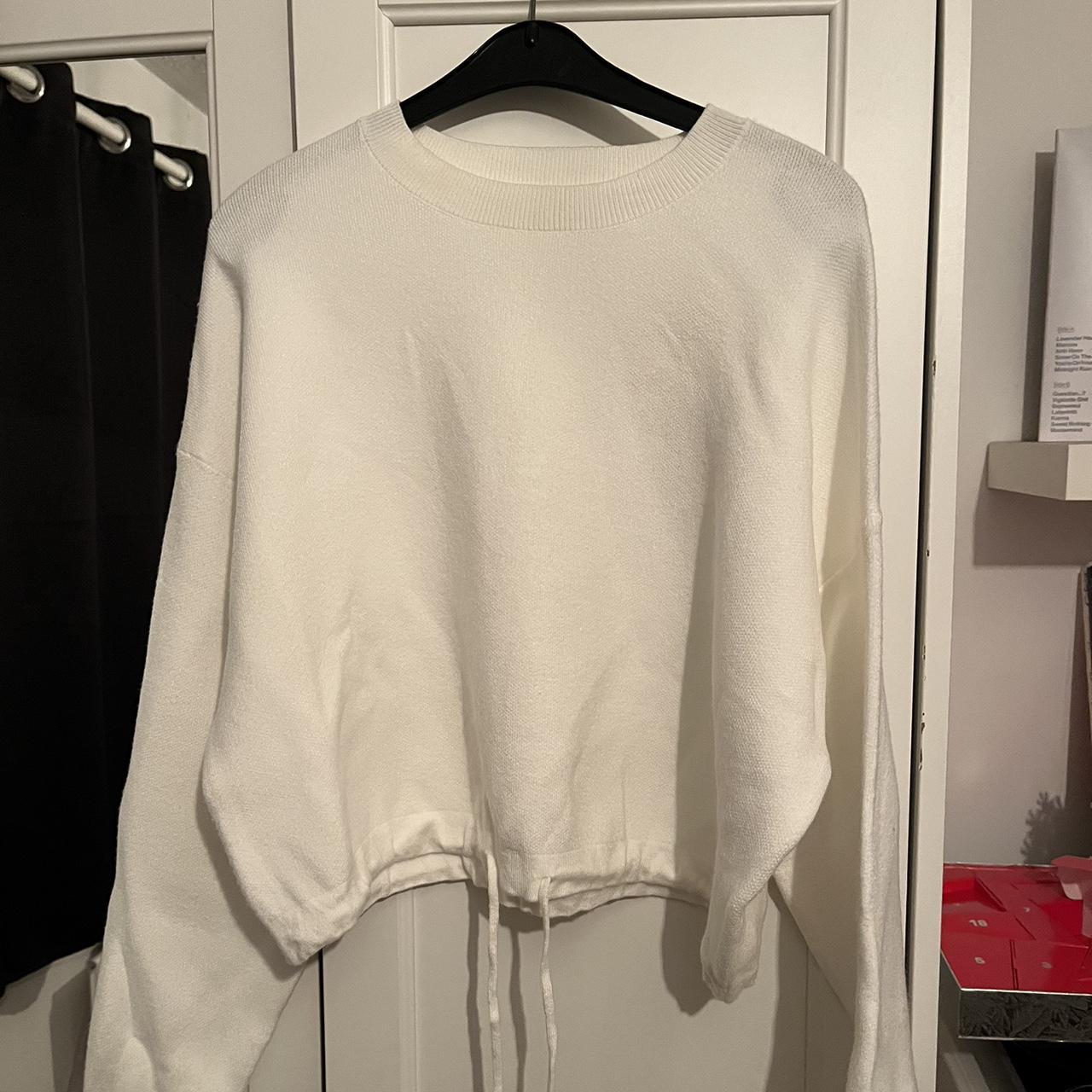 Cream thick knit tie drawstring jumper from Bershka,... - Depop