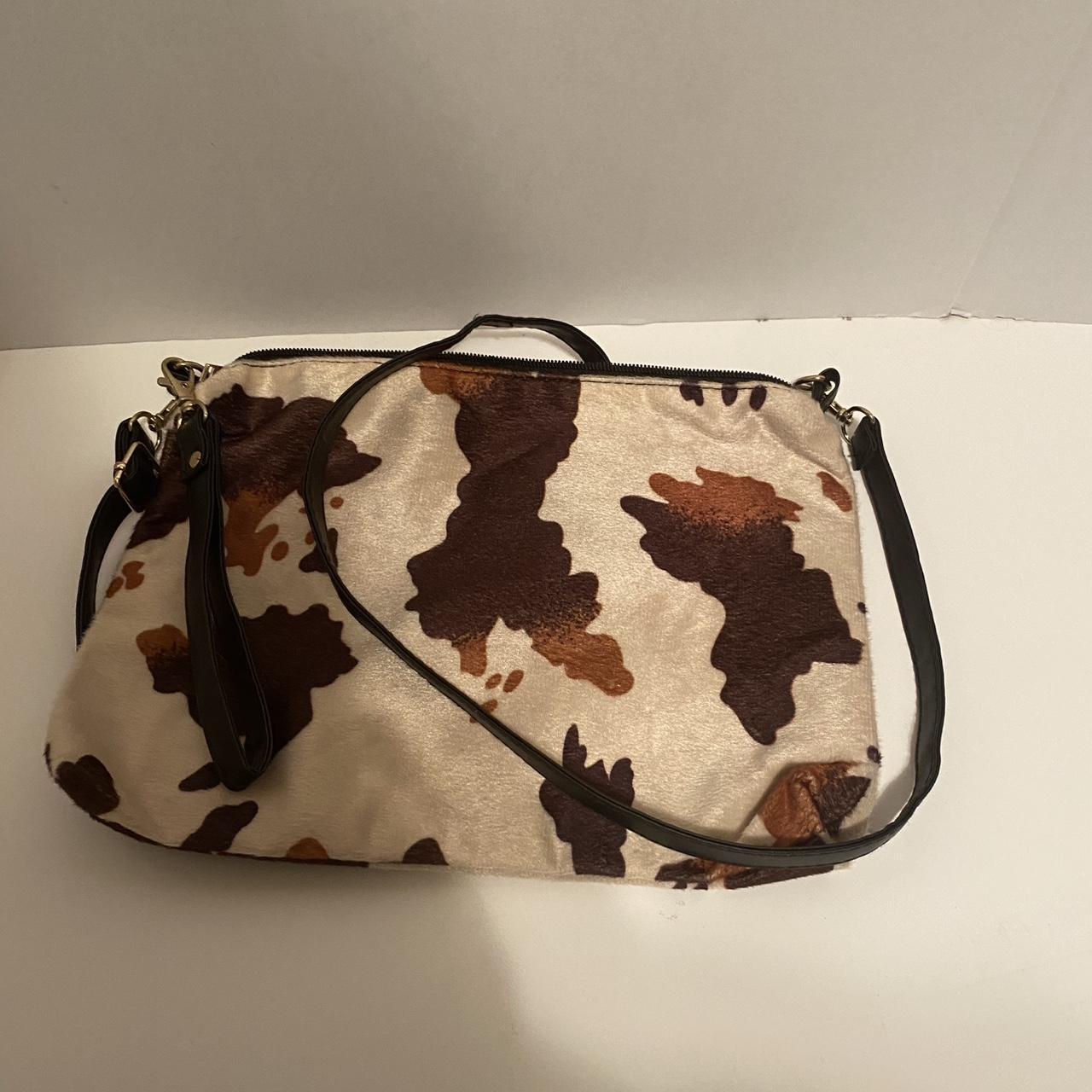 Cream and brown cow print shoulder bag with black... | Depop