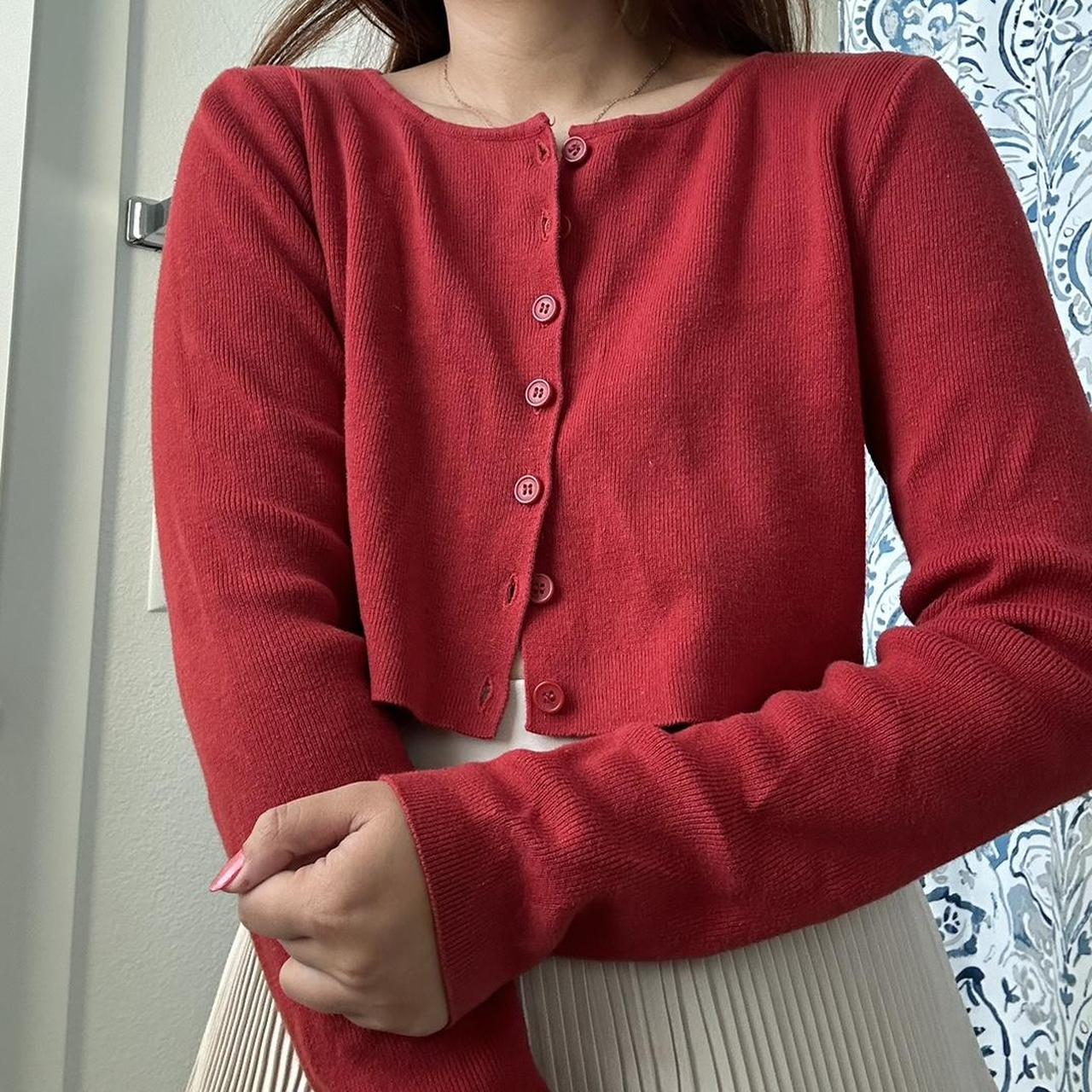red cropped cardigan - good quality, barely... - Depop