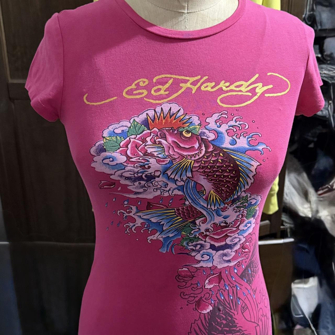 Ed Hardy pink and yellow fish t-shirt #punkfashion | Depop