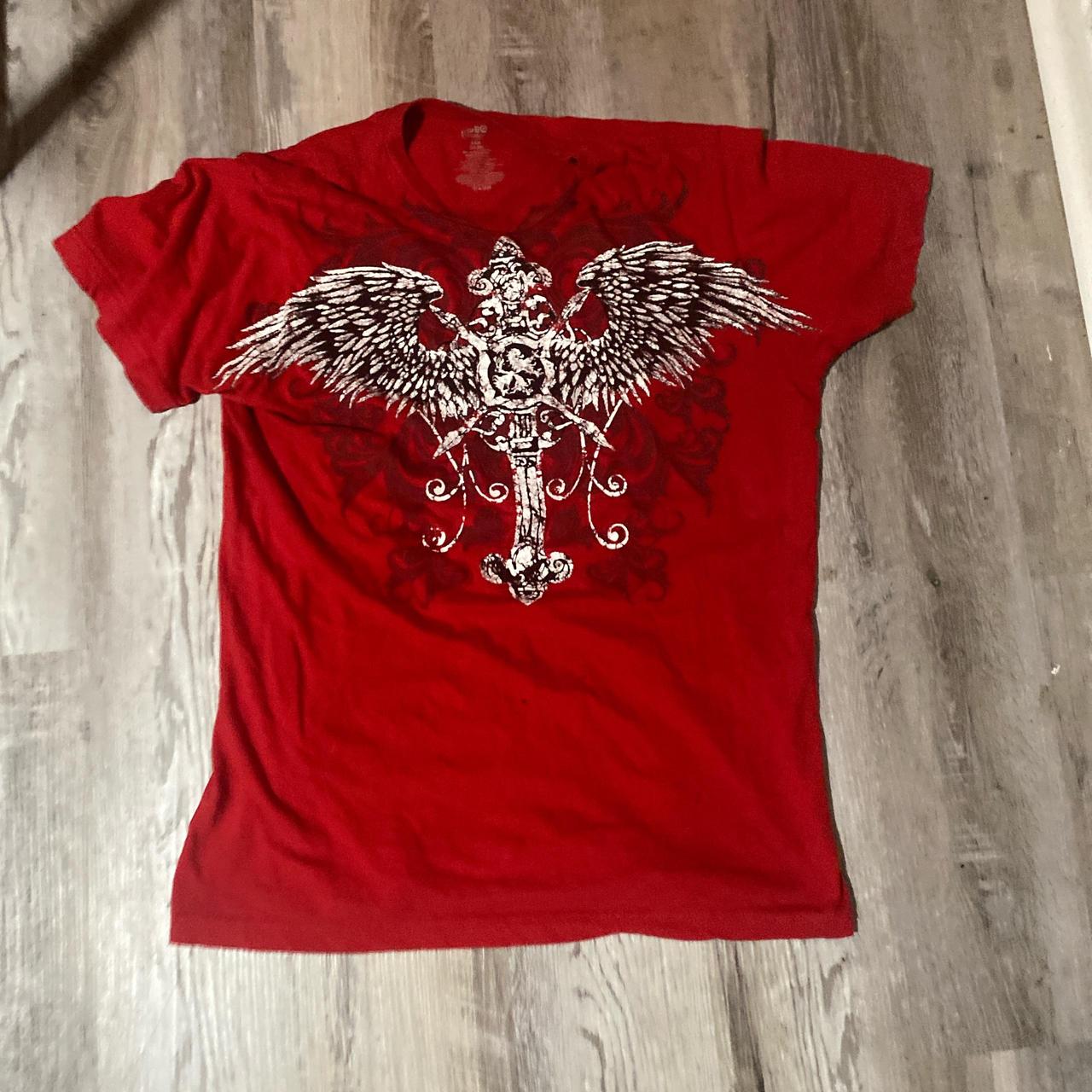 Red and white Affliction shirt - Depop