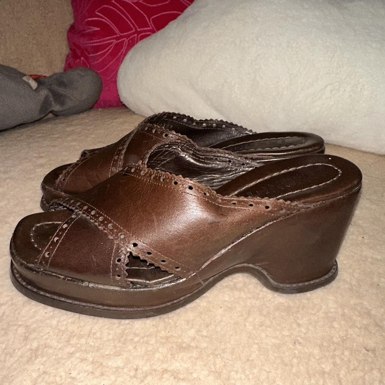Brown open toe leather clogs with a chunky heel... - Depop