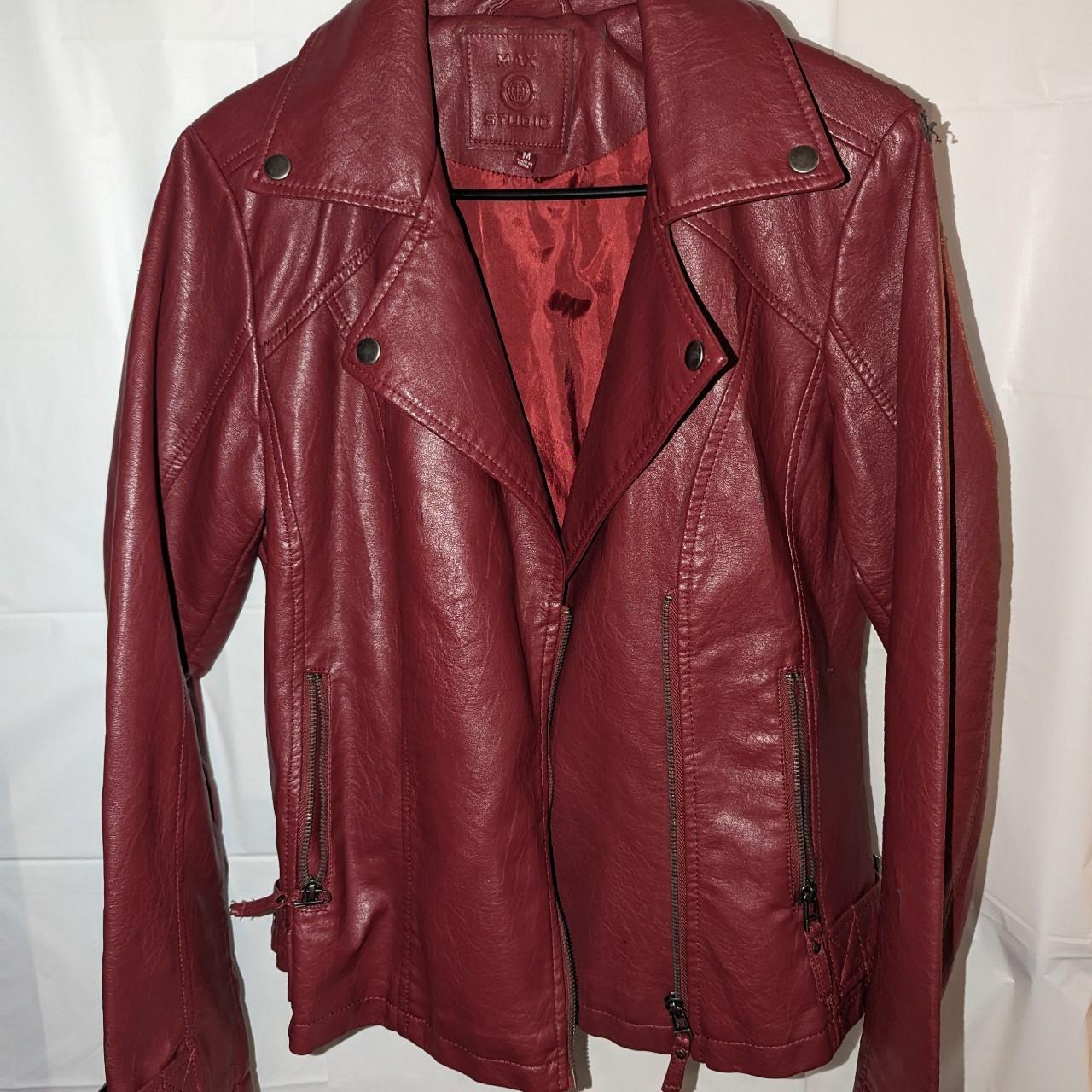 Max Studio Red Leather Jacket. Preloved and has some... - Depop