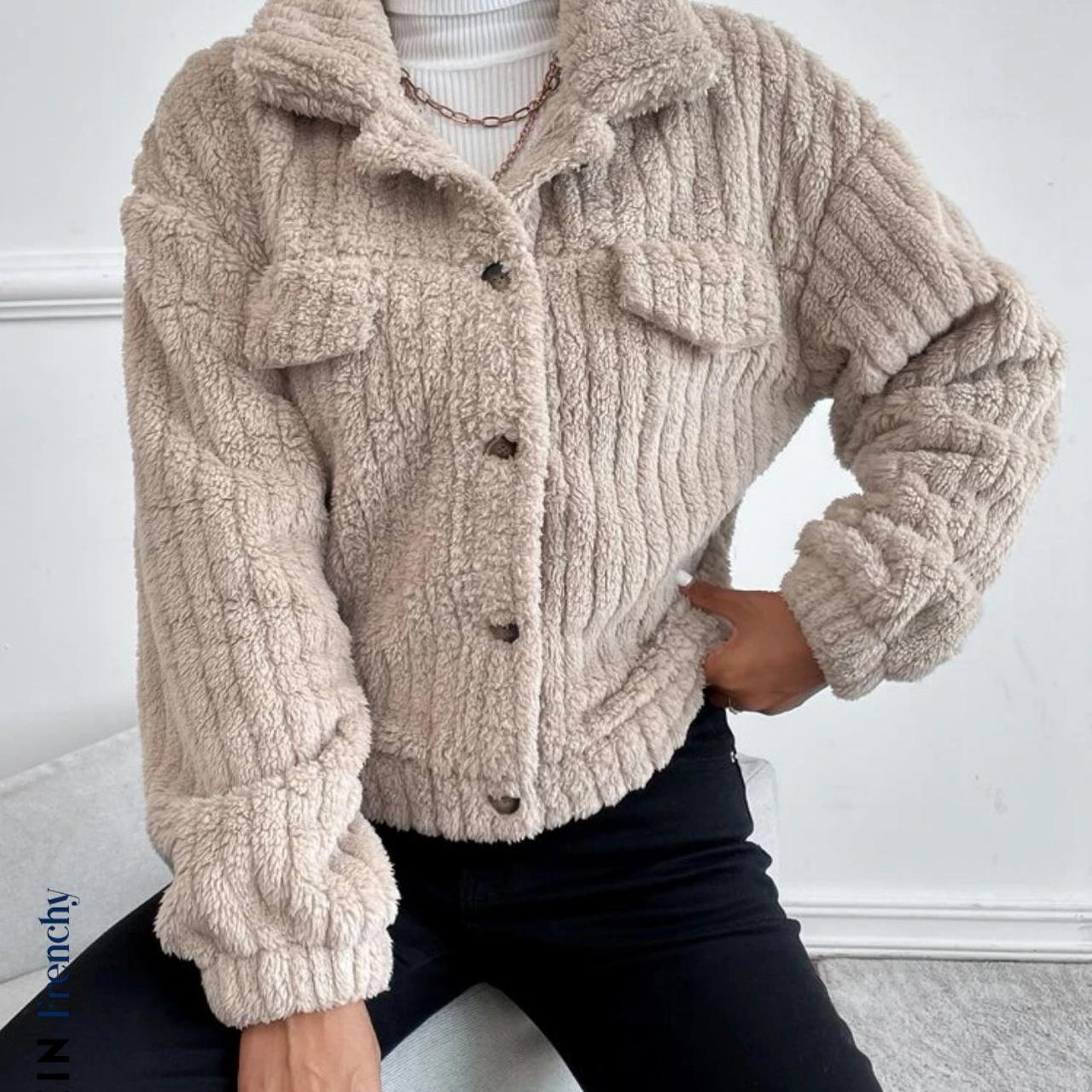 Tan/Khakhi/Beige fleece jacket with buttons. - Depop