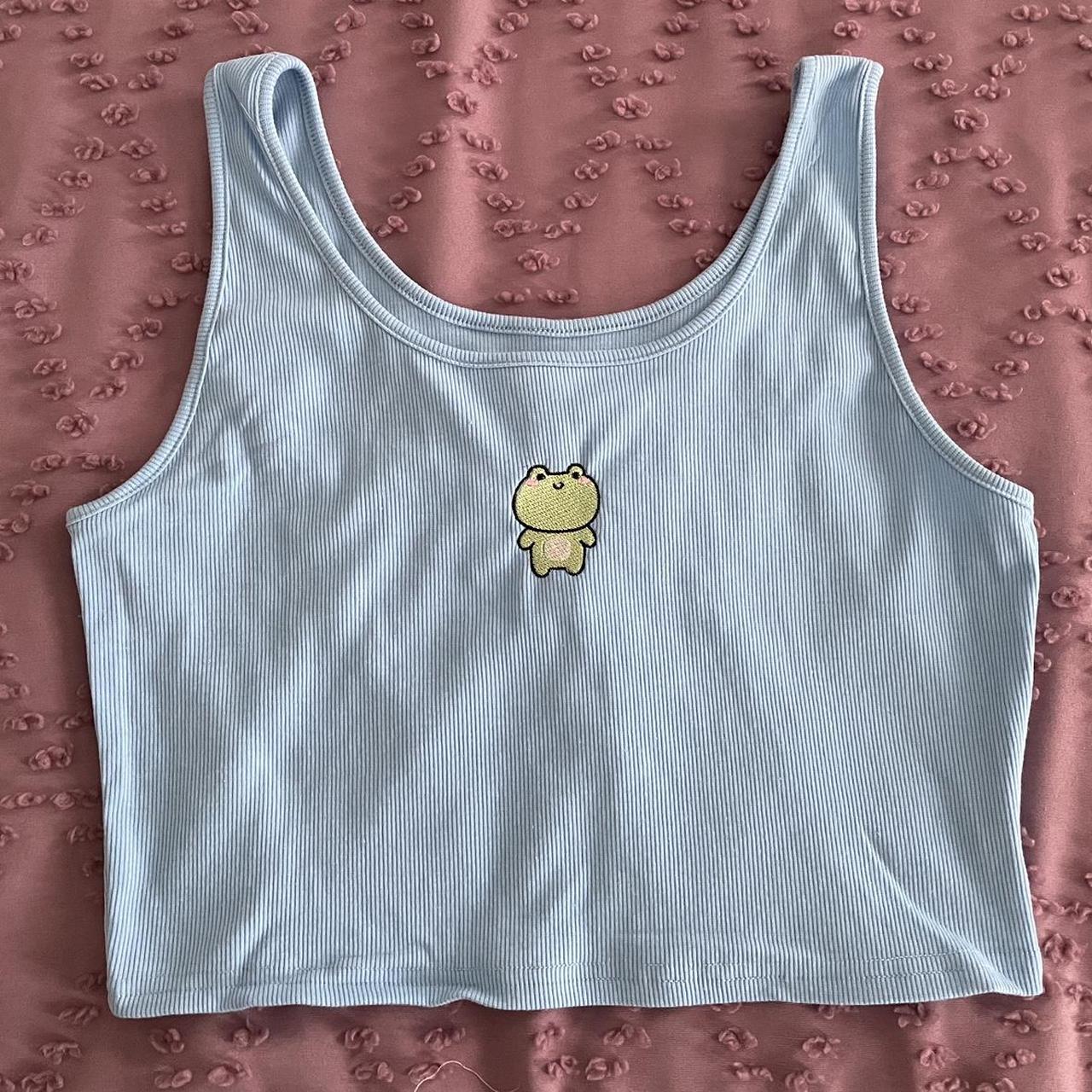 Smiling frog Light blue ribbed crop top Size XL I... - Depop