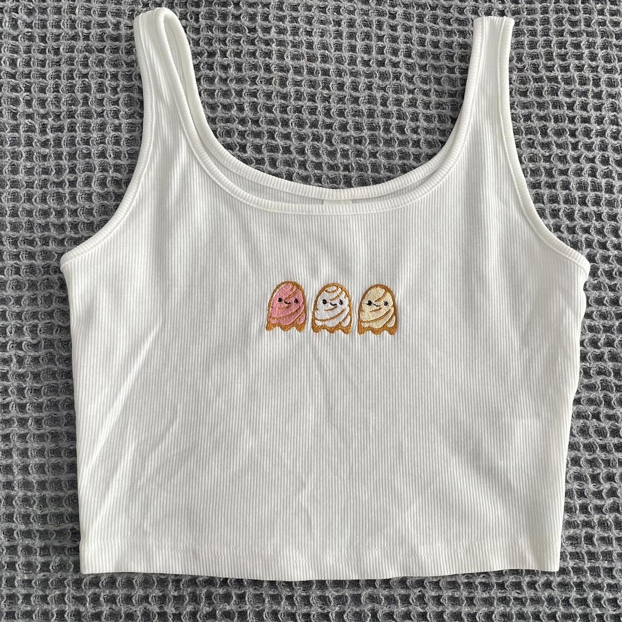 Concha ghosts Embroidered white ribbed cropped top... - Depop