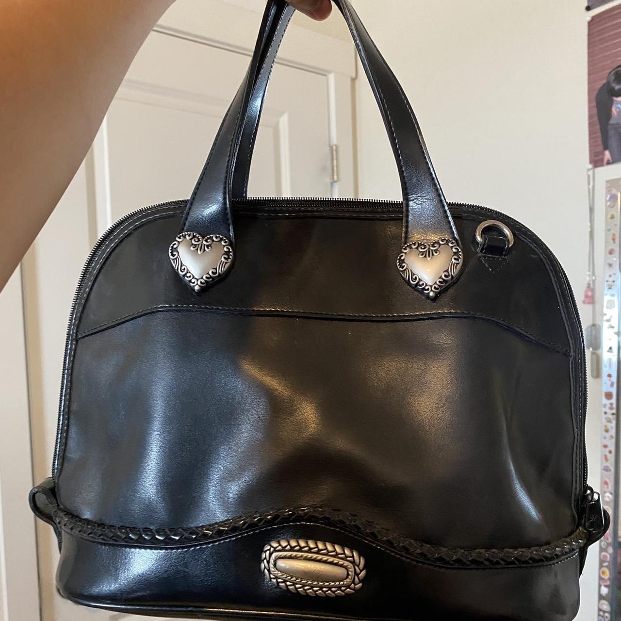 Leather Short Strapped Hand Bag with Silver Heart... - Depop