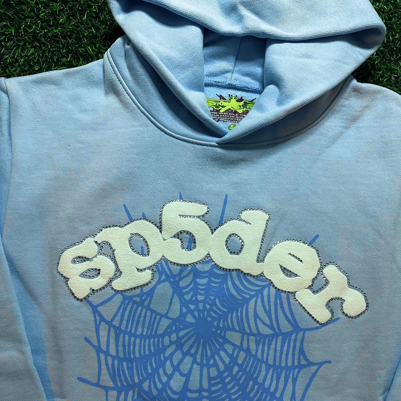 Sp5der Hoodie (LIGHT BLUE) W/ Rhinestones... - Depop