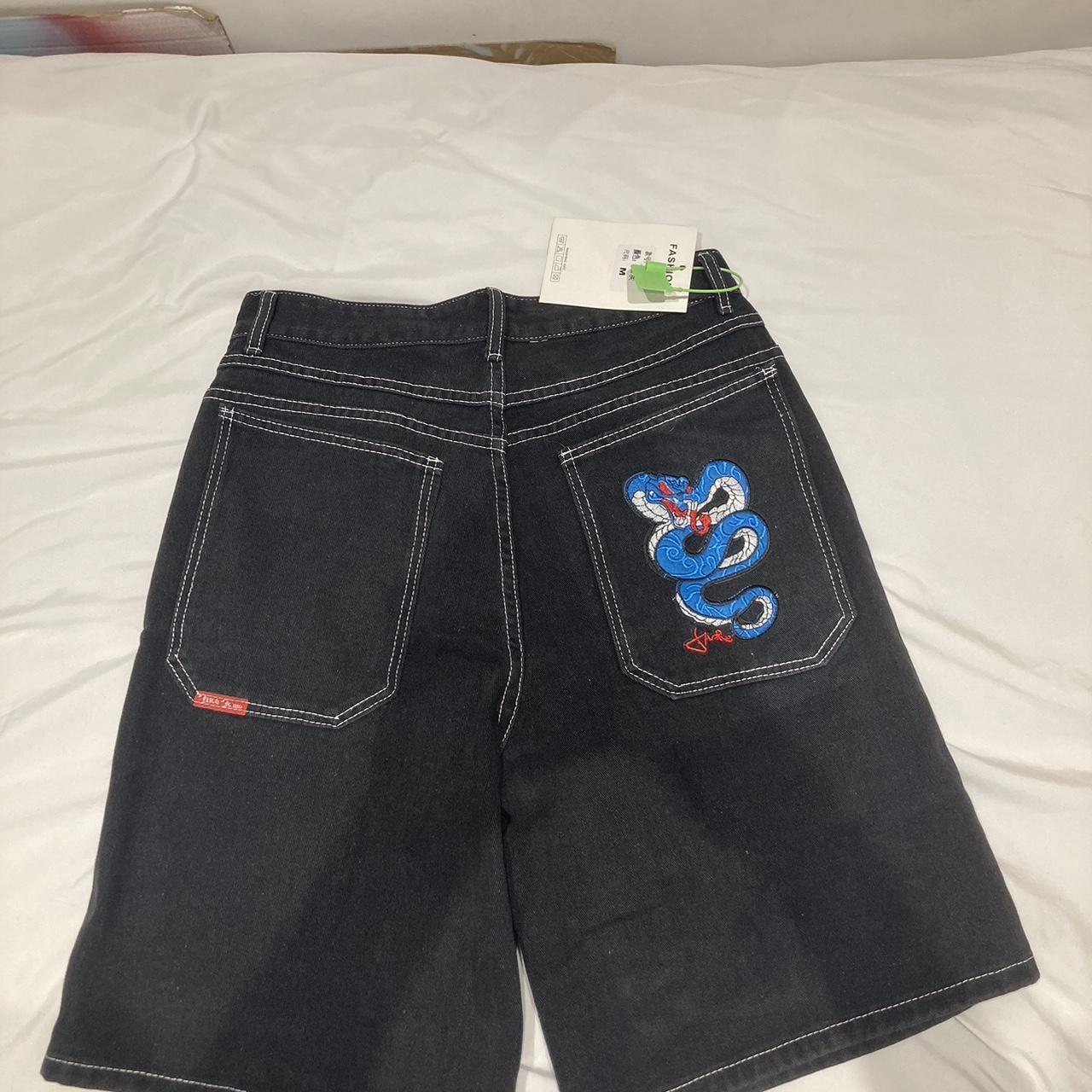 Vintage JNCO jorts with snake embroidery on back.... - Depop