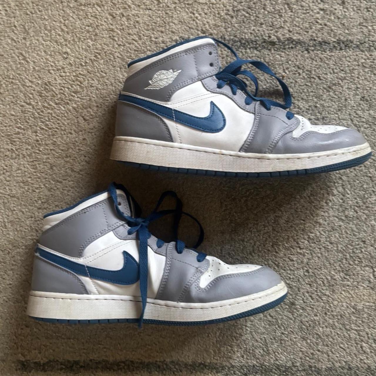 Blue and white Air Jordan Mids Size 7Y (fits womens... | Depop