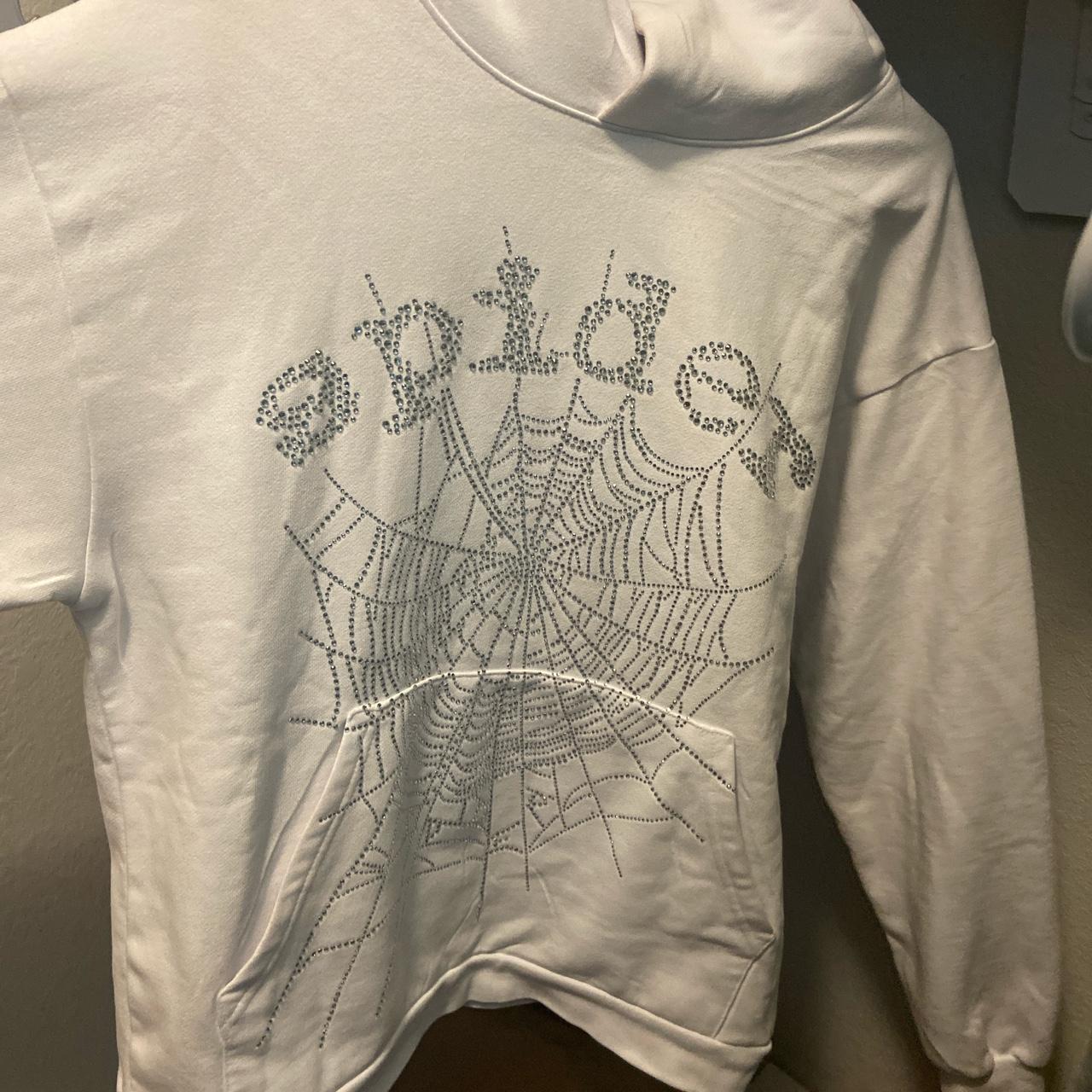 WHITE RHINESTONE SP5DER HOODIE SIZE MEDIUM... - Depop