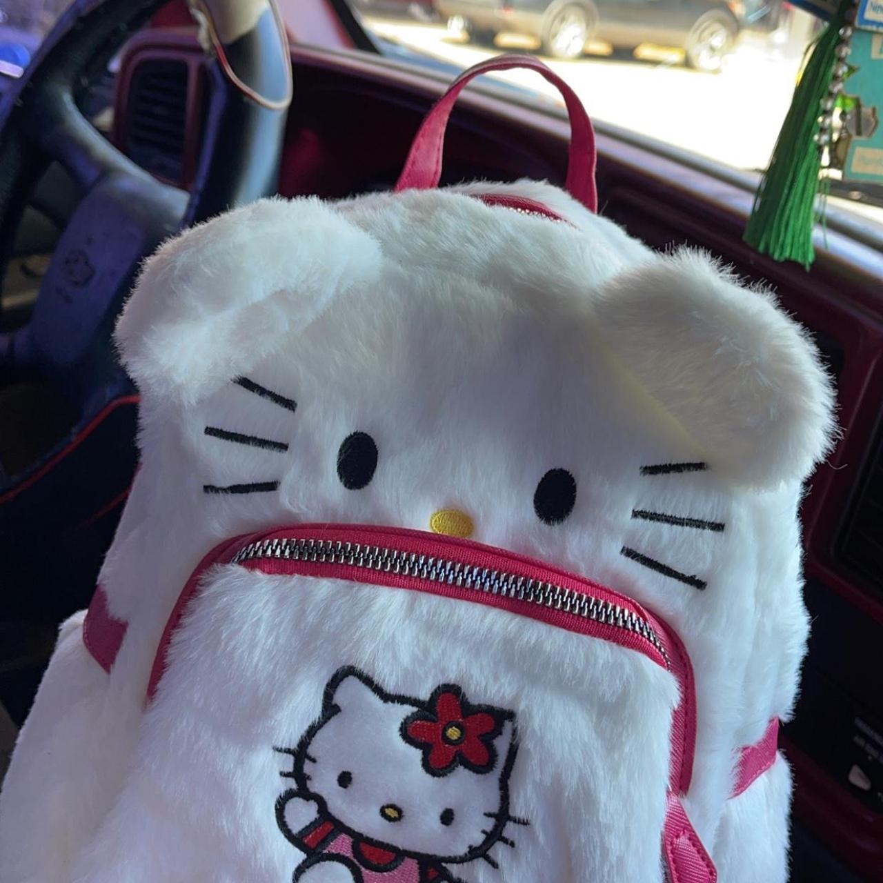 White Fluffy Hello Kitty Mini backpack - Depop