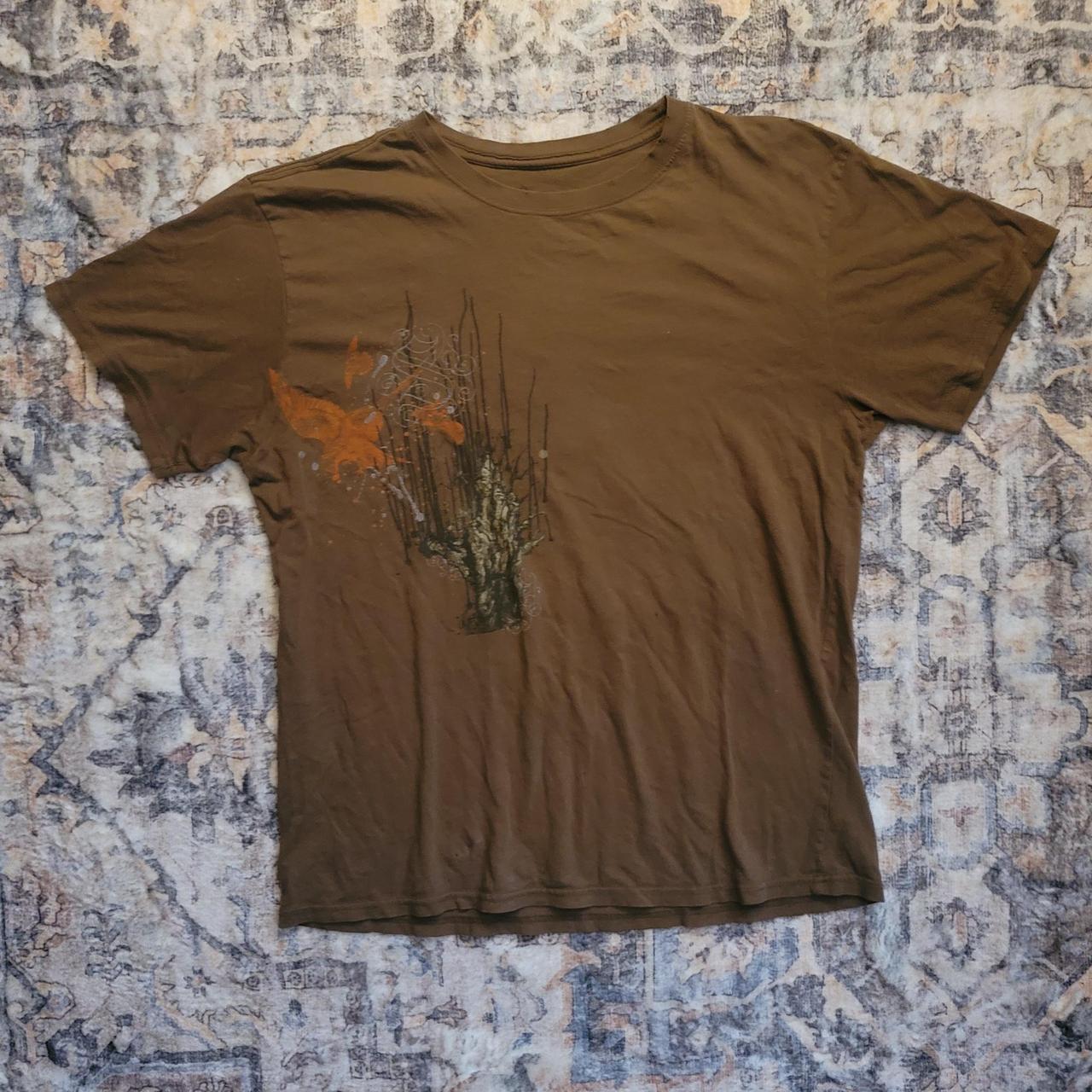 stranded brown graphic tee with birds and a tree... - Depop