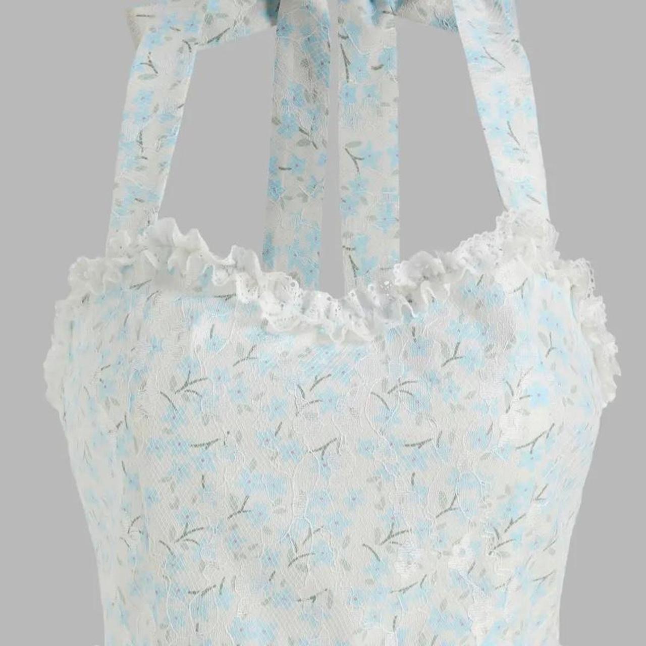 Light Blue and White Floral Halter Top from Cider... - Depop