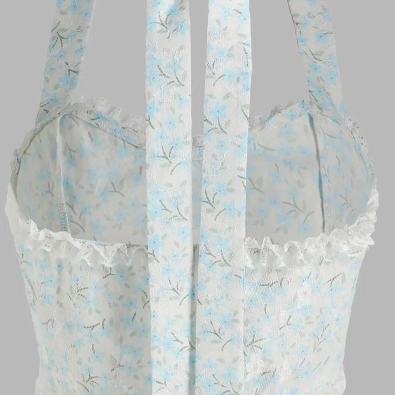 Light Blue and White Floral Halter Top from Cider... - Depop