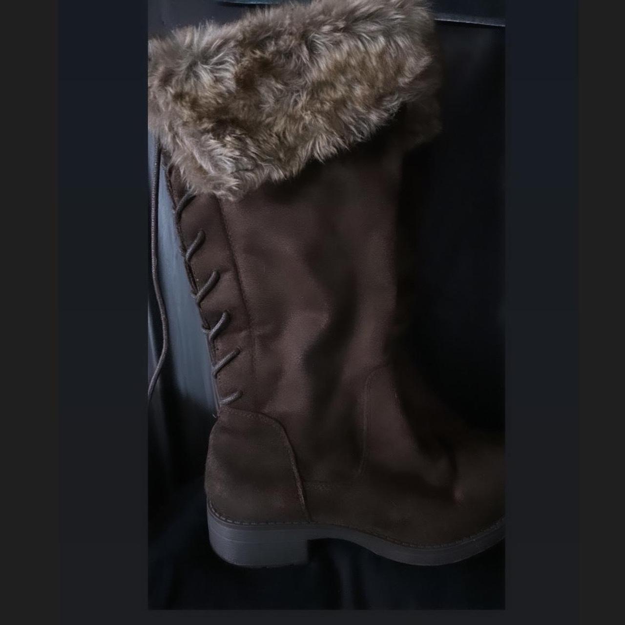 brown furry boots - lace up in back size 6 1/2 feel... - Depop
