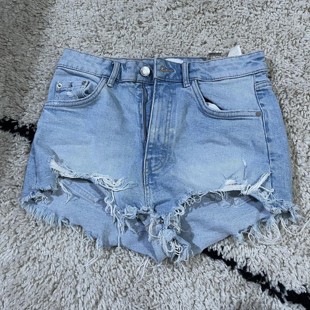 Zara ripped light blue denim shorts Size small... - Depop